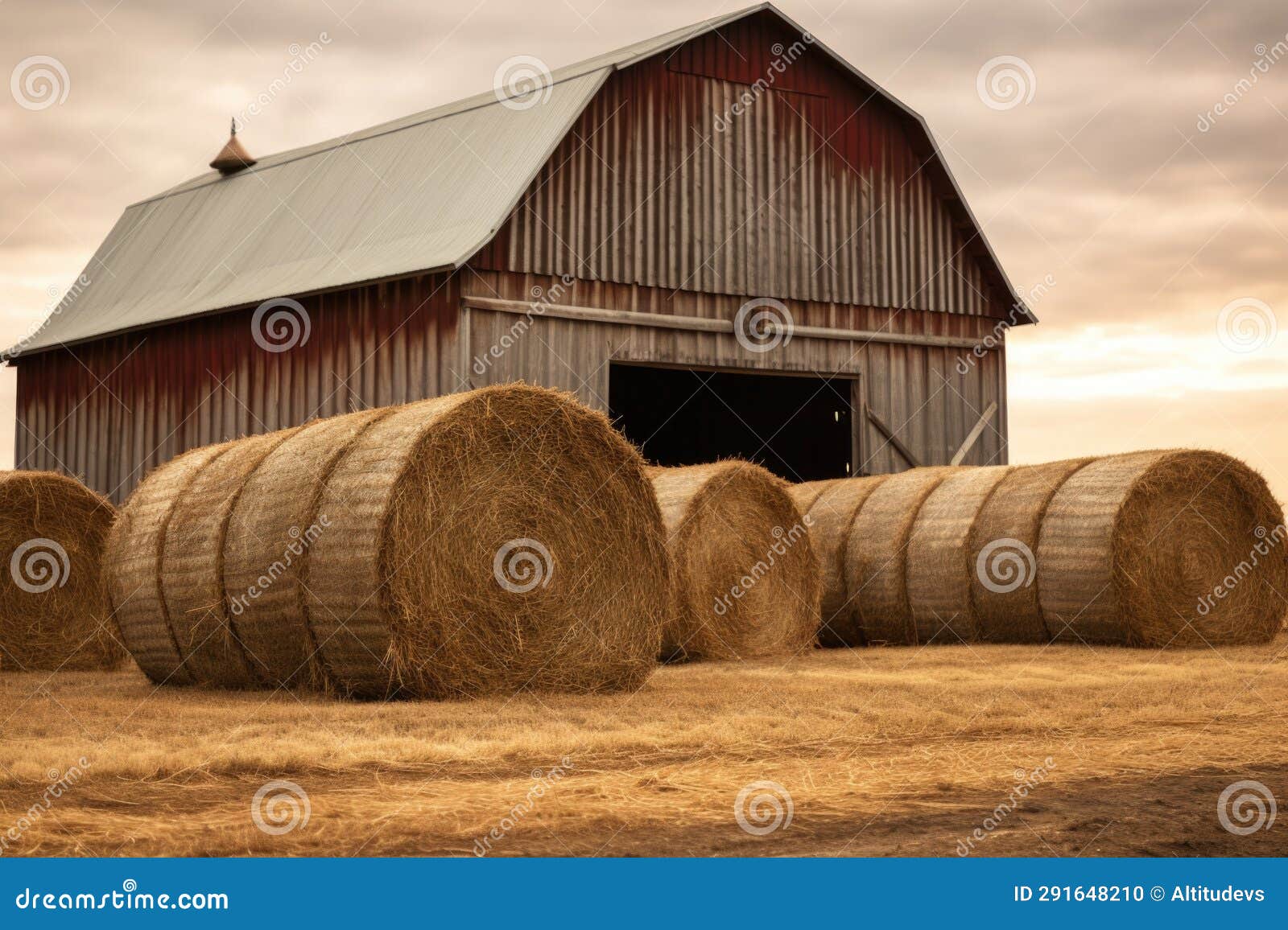 Hay Bales Stacked beside a Wooden Barn Stock Photo - Image of ...