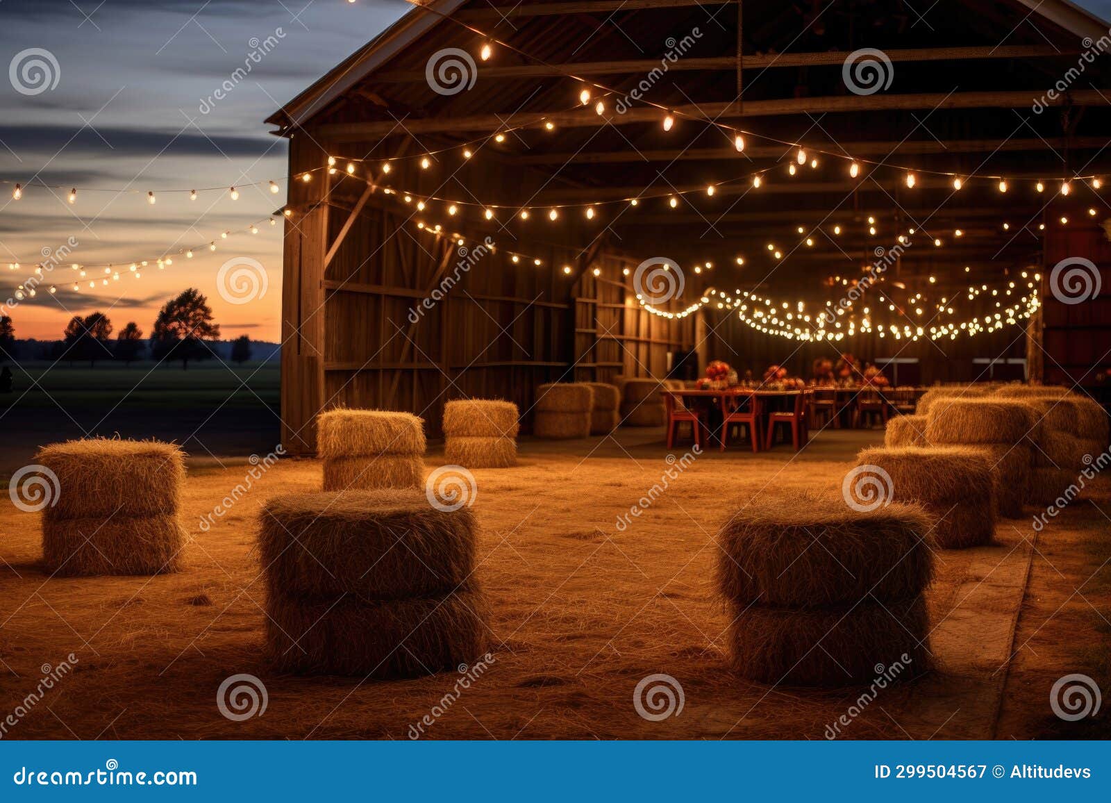 Hay Bales Under String Lights in a Farm Setting for an Evening Event ...