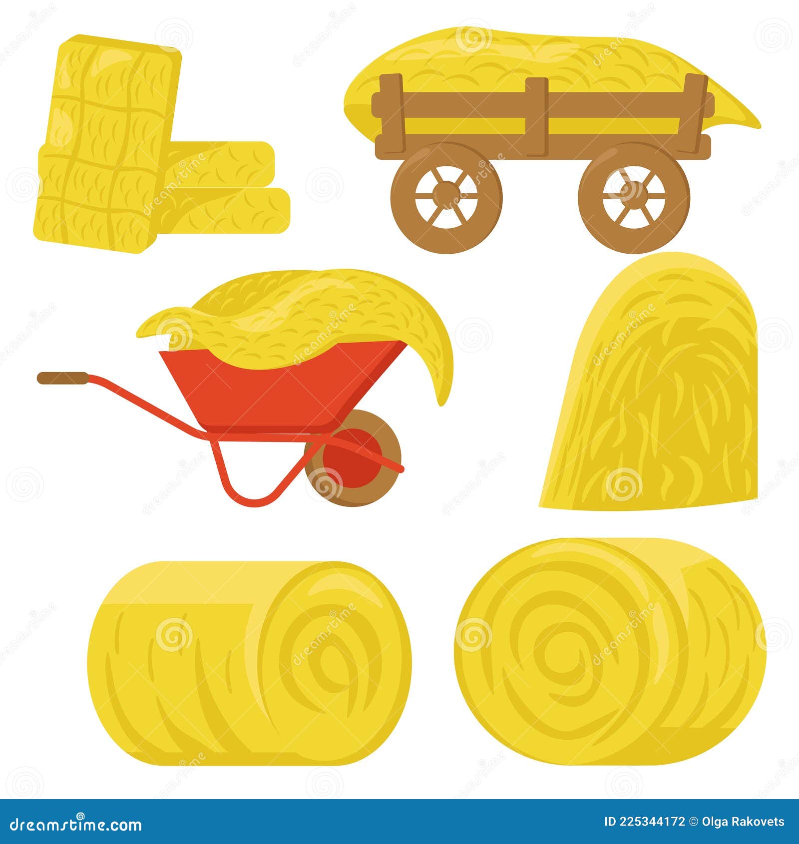 Hay in Rolls, Haystacks on Various Wheelbarrows and Carts Stock Vector ...