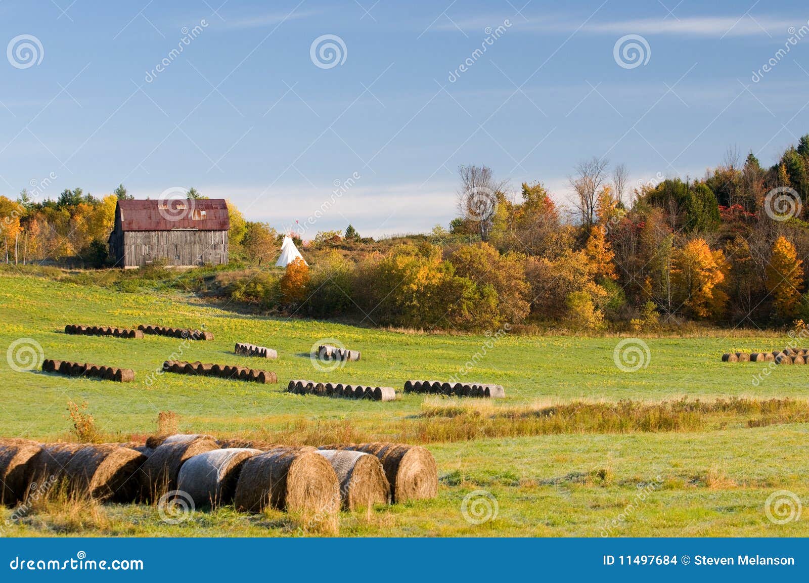 Hay Stacks with Barn on a Fall Morning Stock Photo - Image of grass ...