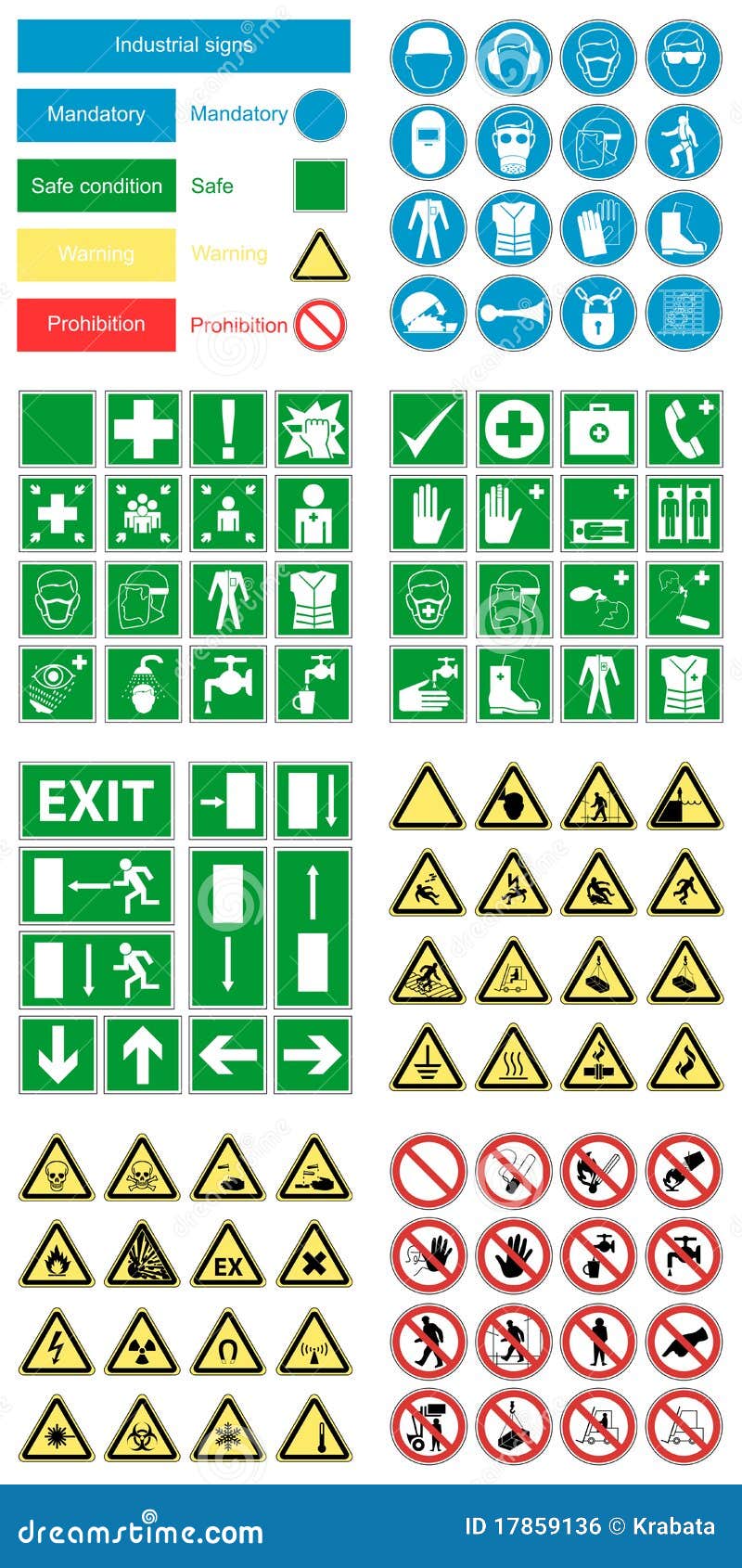 Hazard Safety and Green Emergency Signs Set Stock Illustration ...