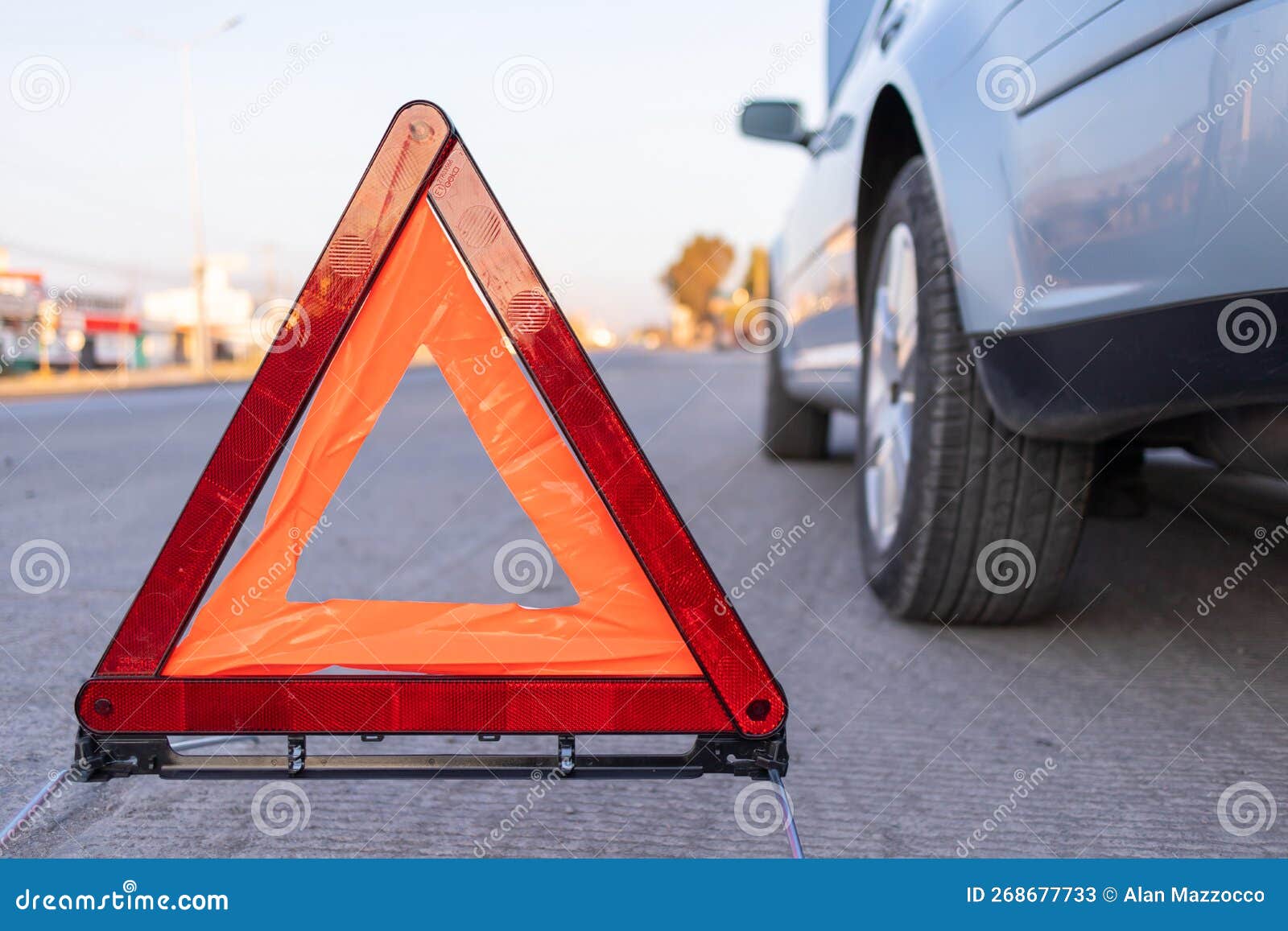 Hazard Triangle at the Side of a Grey Car, Emergency Reflective Hazard ...