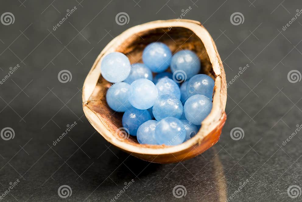 Hazelnut Shell with Small Blue and Transparent Gemstones Stock Image ...