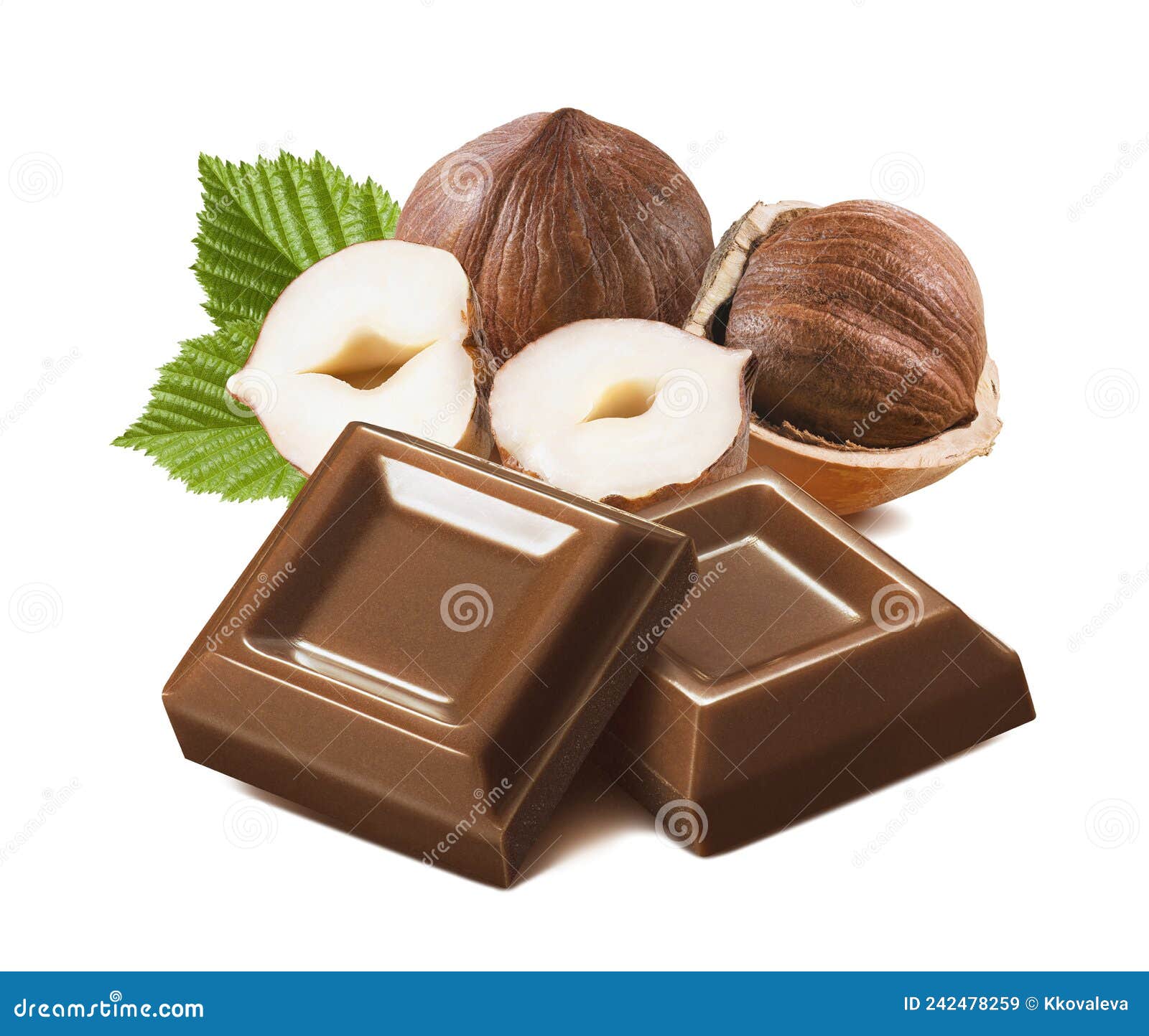 Hazelnuts and Chocolate Squares Isolated on White Background Stock ...