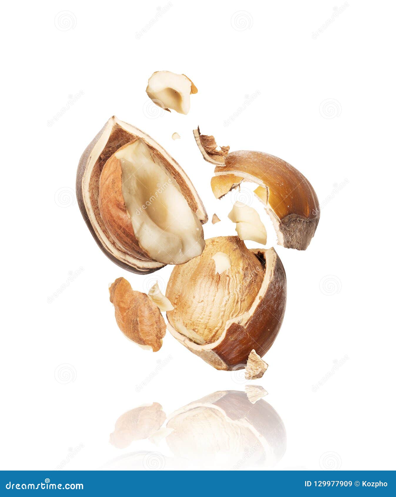 Hazelnuts Crushed Into Pieces, Frozen In The Air On A White Royalty ...
