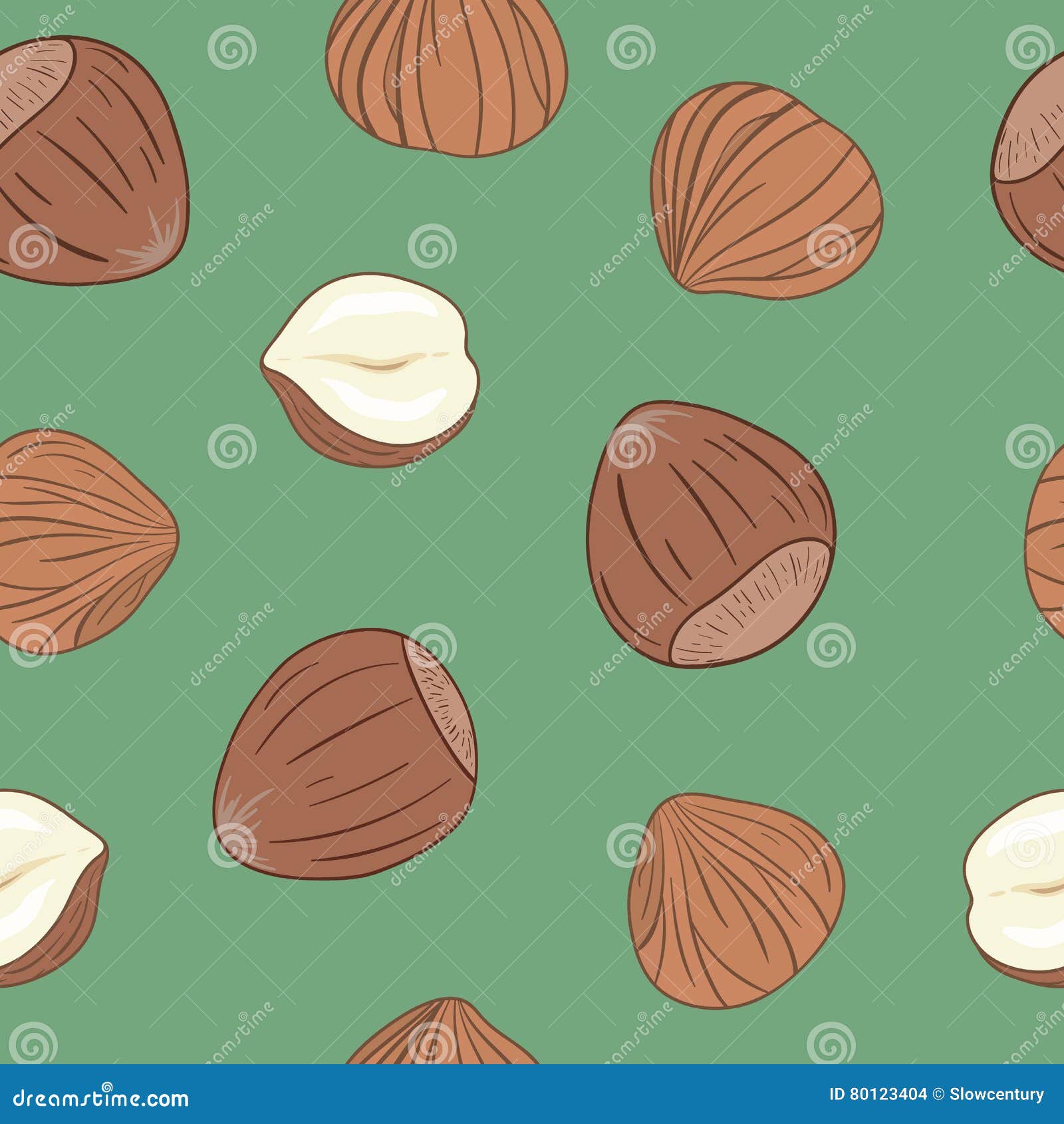 Hazelnuts Seamless Pattern with Green Background. Hand Drawn Vector ...