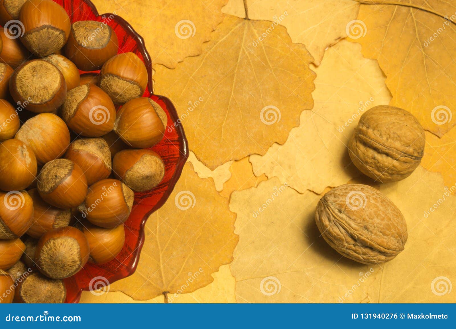 Hazelnuts and Walnuts with Autumn Leaves Stock Photo - Image of plate ...