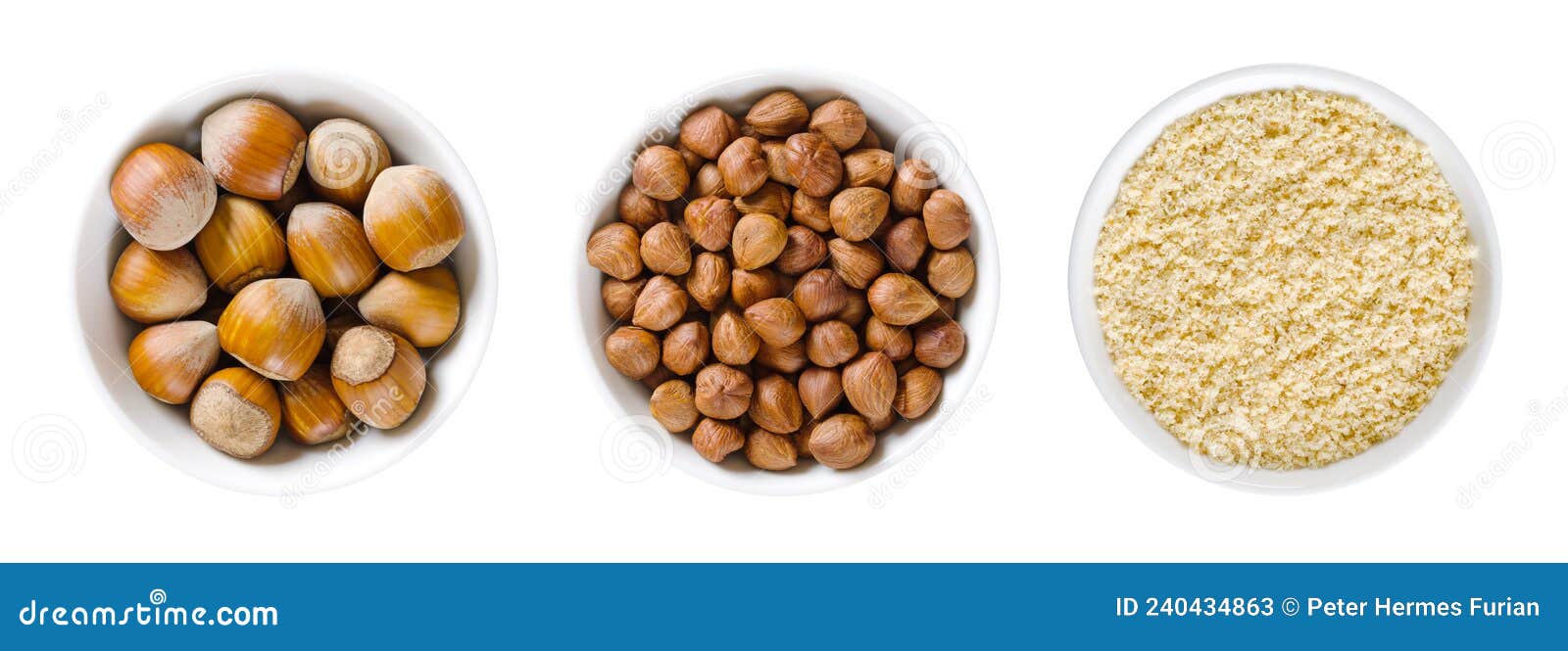 Hazelnuts, with and without Shells, and Ground Nuts, in White Bowls ...