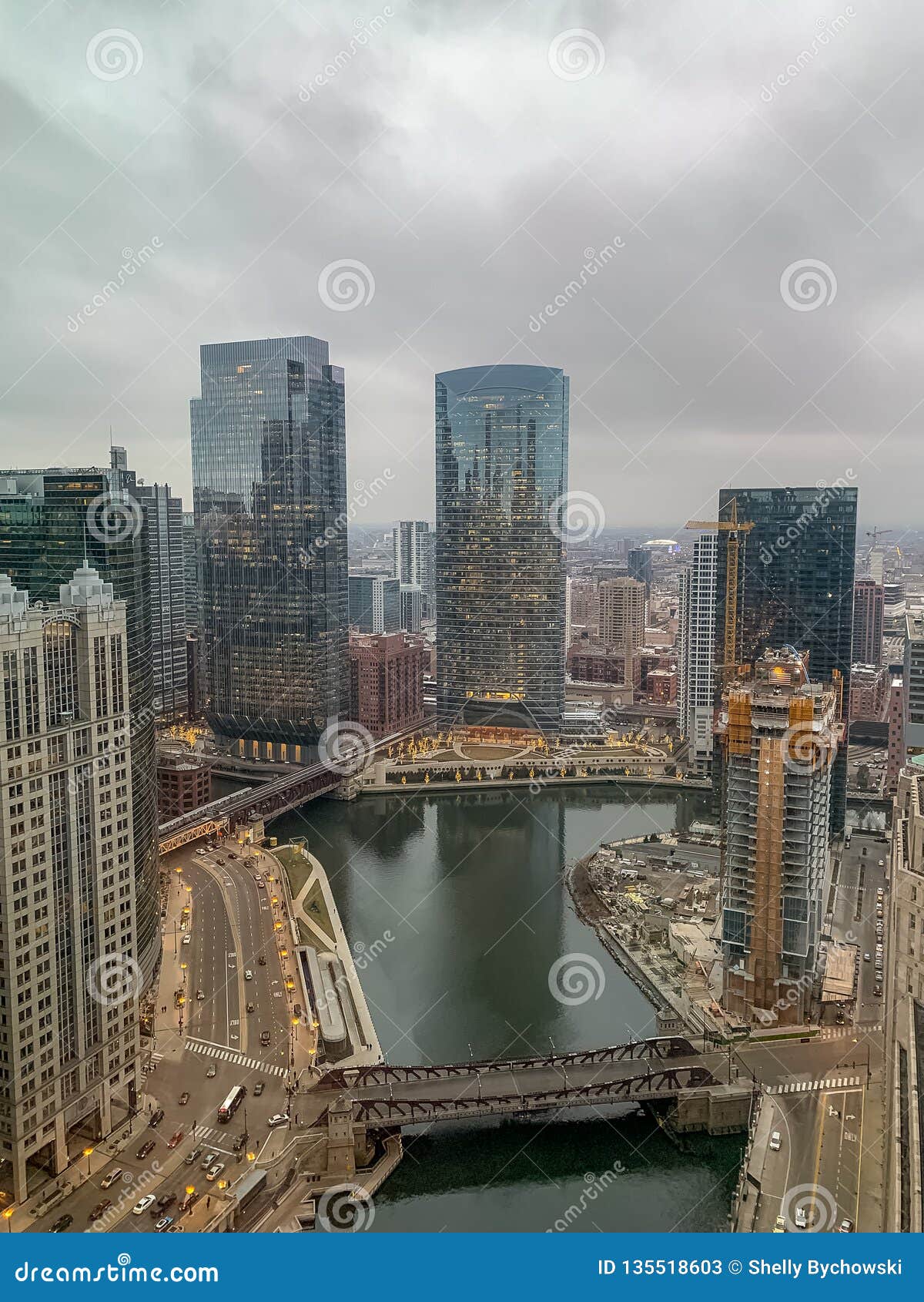 Hazy, Cloudy Afternoon View of Chicago River and Wacker Drive with ...