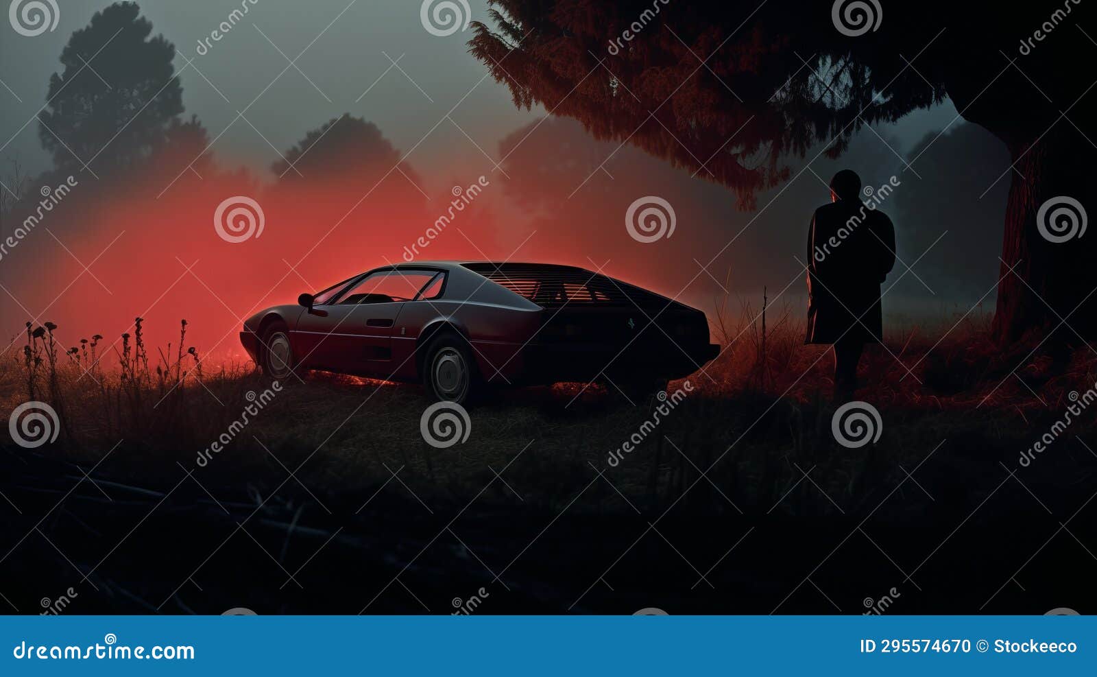 Hazy Silhouette of a Red Car in the Dark Forest Stock Illustration ...