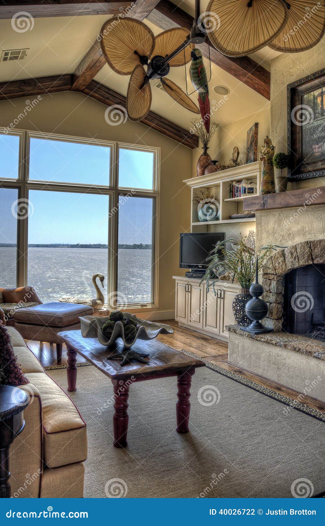 HDR of Living Room Overlooking Lake Stock Photo - Image of beams, hard ...