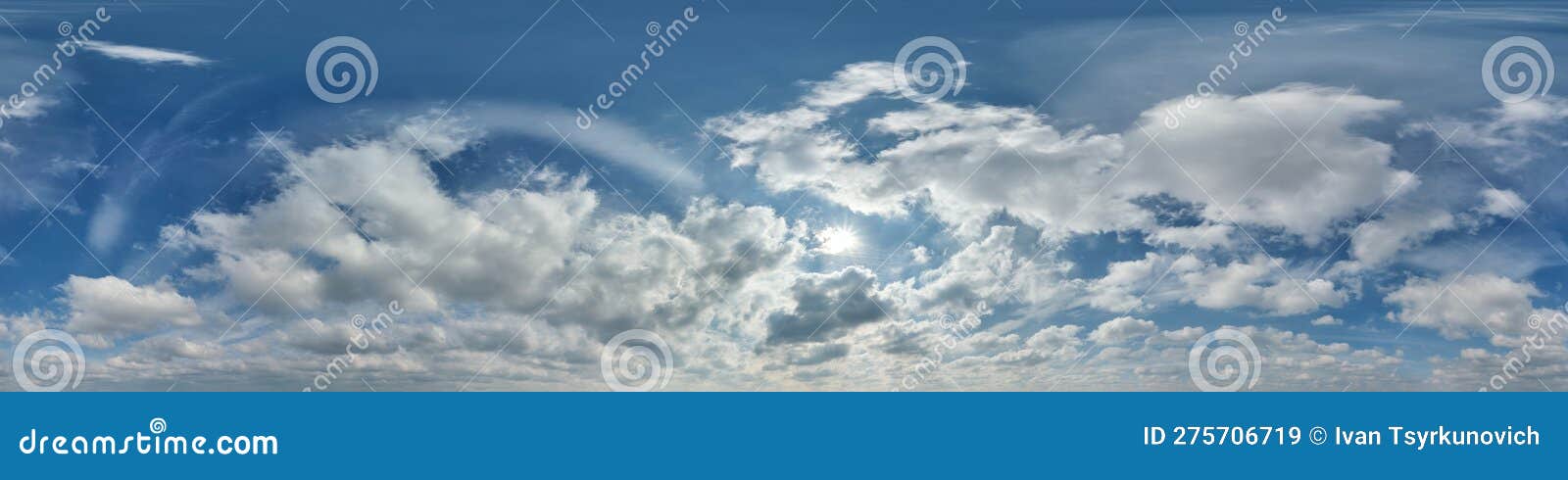 Hdri 360 Panorama of Blue Sky with Sun and Cumulus Clouds with Zenith ...
