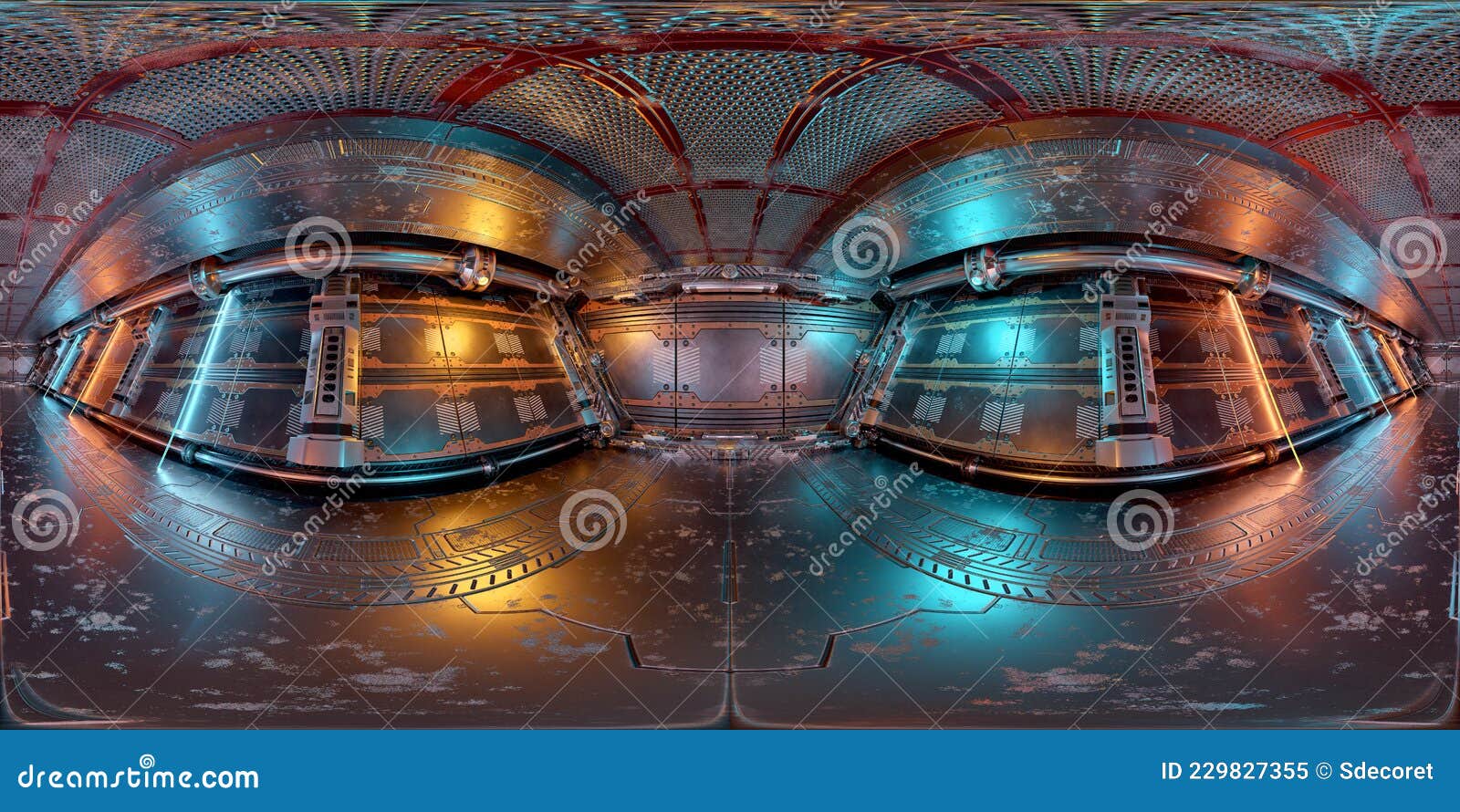 HDRI Panoramic View of Dark Blue Orange Spaceship Interior. High ...