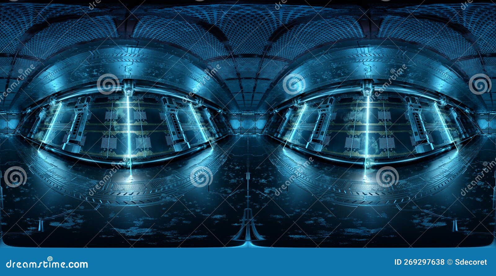 HDRI Panoramic View of Dark Blue Spaceship Interior. High Resolution ...