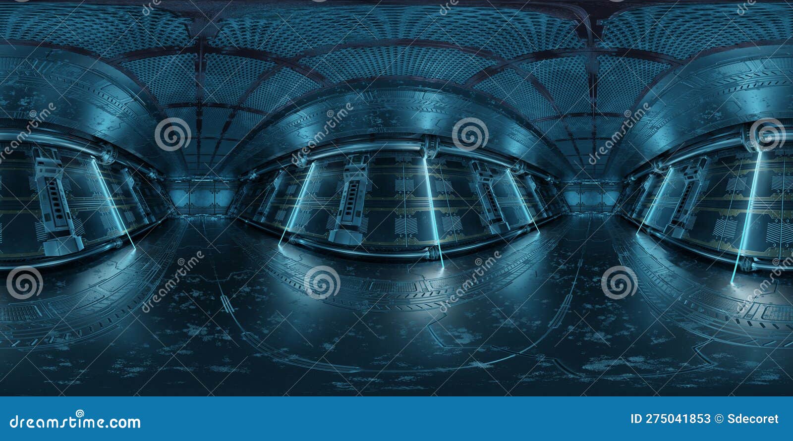 HDRI Panoramic View of Dark Blue Spaceship Interior. High Resolution ...