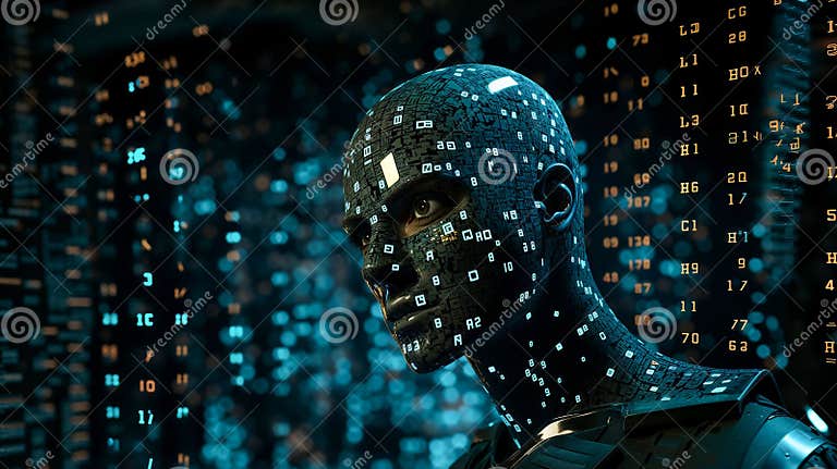 Head of an Android Covered and Surrounded by Digital Computer Matrix ...