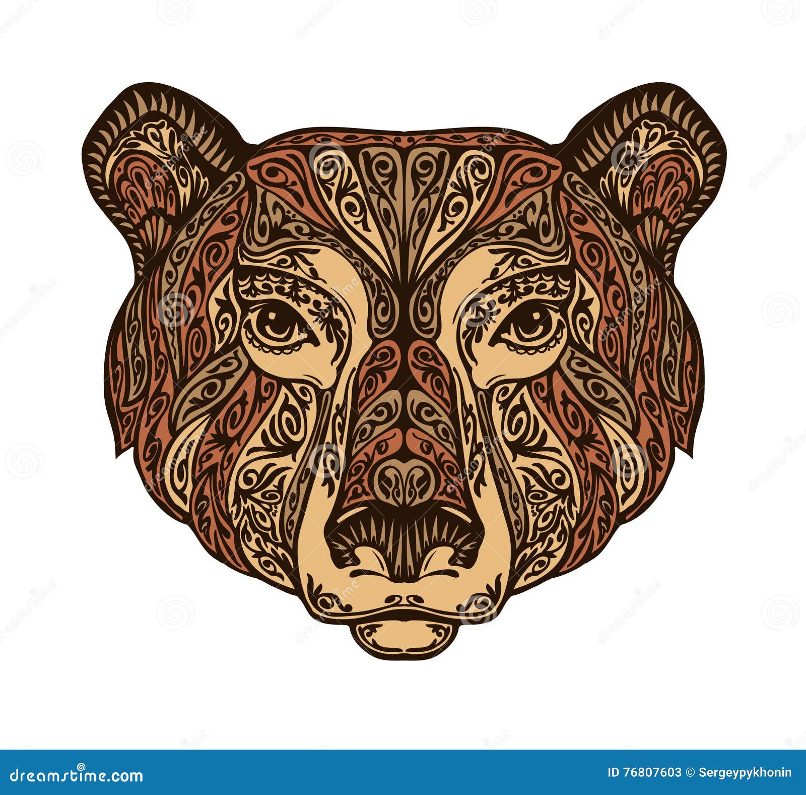 Head Bear. Ethnic Patterns. Hand Drawn Vector Illustration with Floral ...