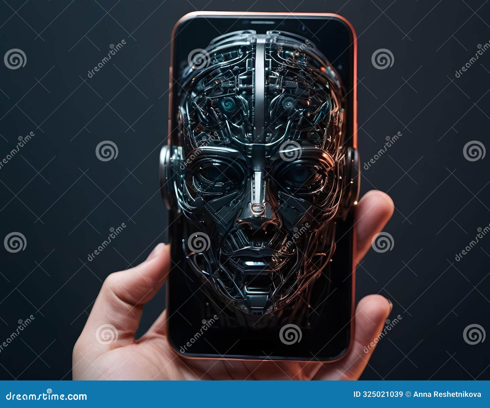 The Head of a Bionic Robot on a Smartphone Screen. Artificial ...