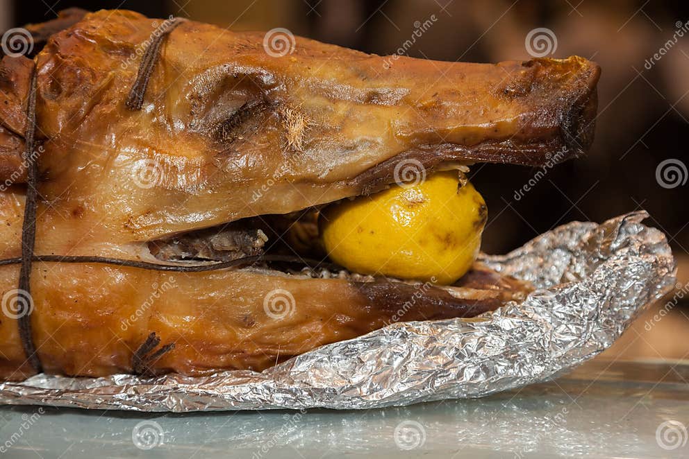 Head of cooked pork stock image. Image of barbecue, piggy - 32066291