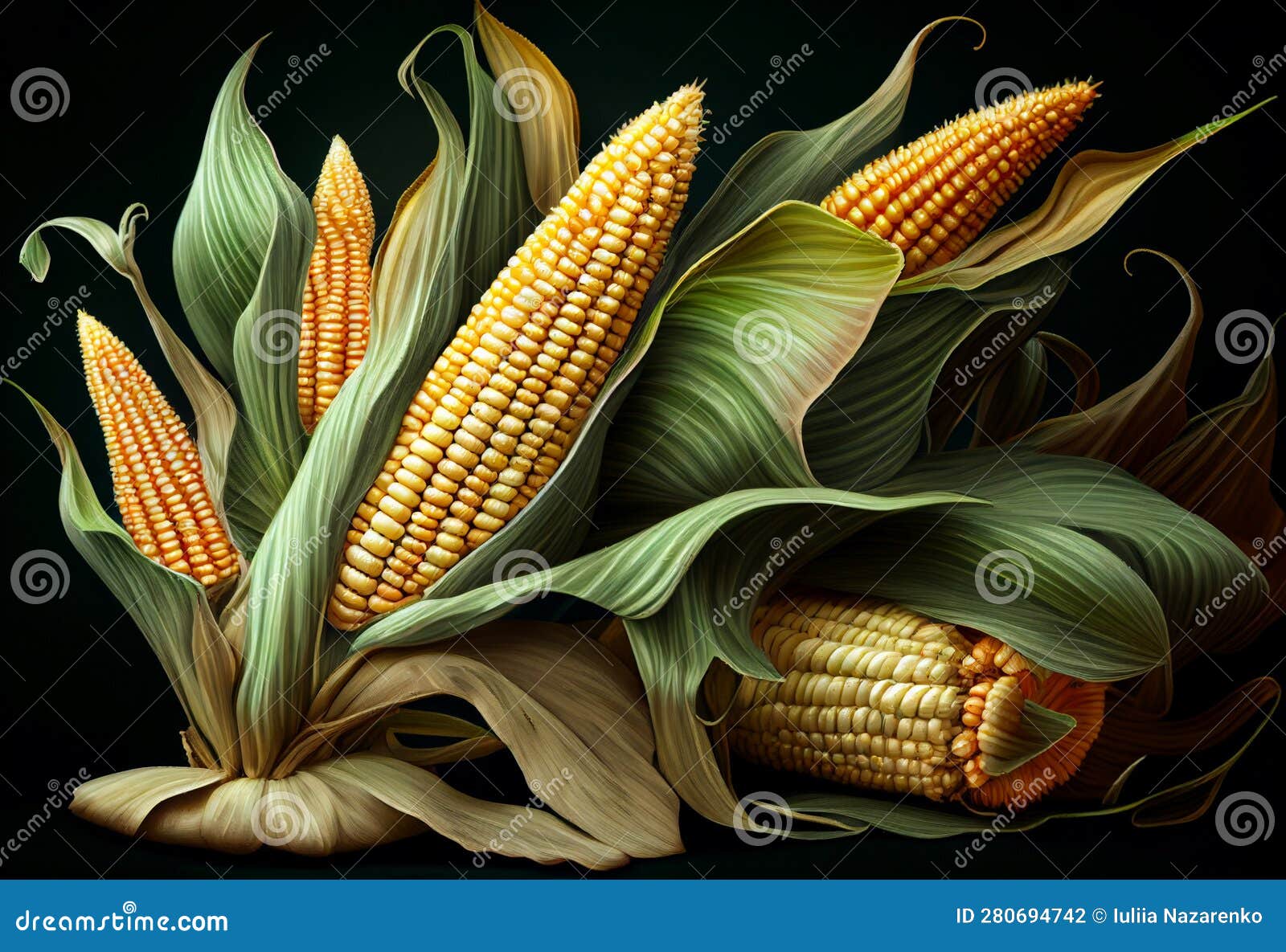 Head of Corn in Green Foliage with Sun Glare. AI Generated Stock ...