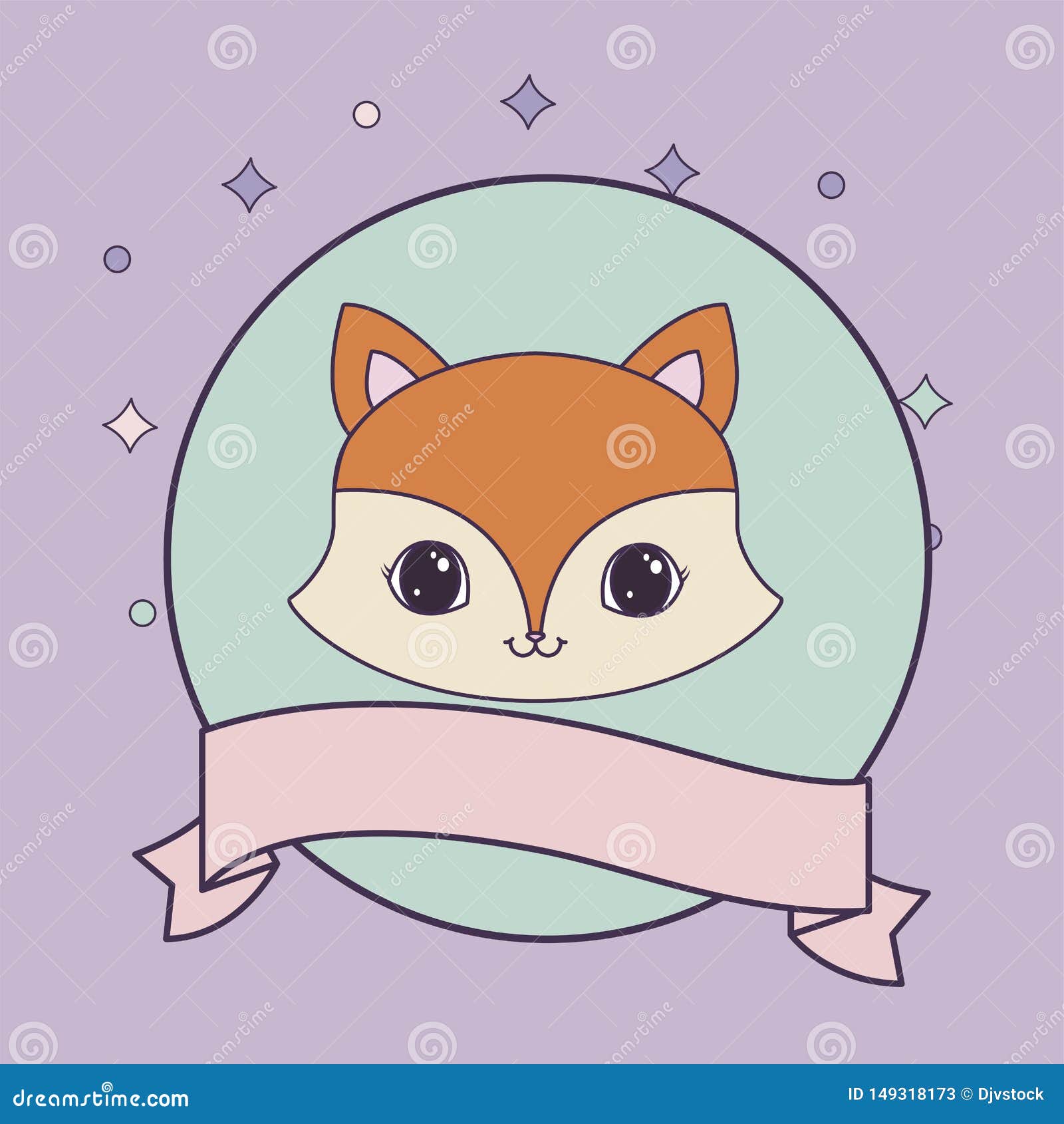 Head of Cute Fox in Frame Circular with Ribbon Stock Illustration ...