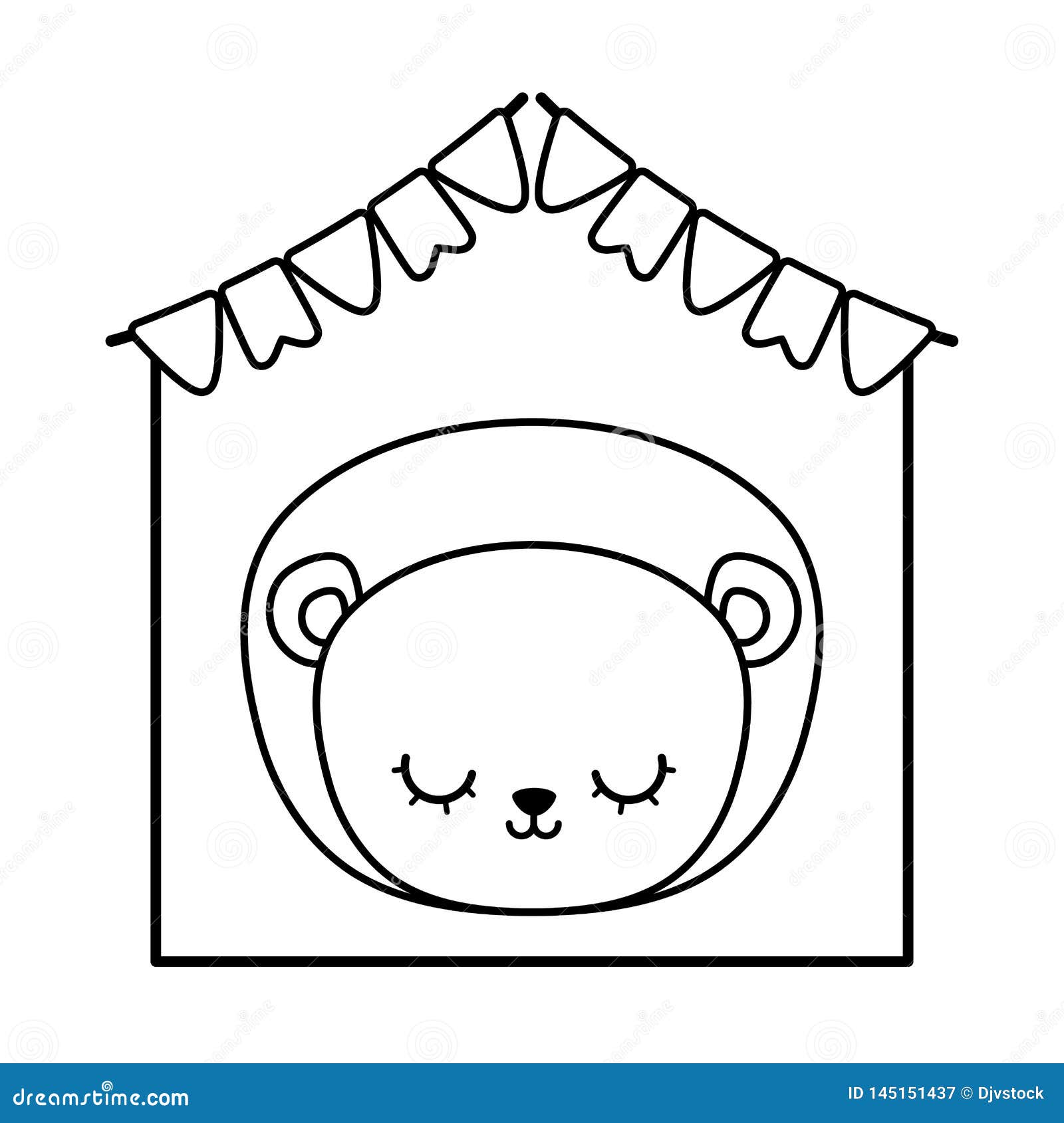 Head of Cute Lion in Frame with Garlands Hanging Stock Illustration ...