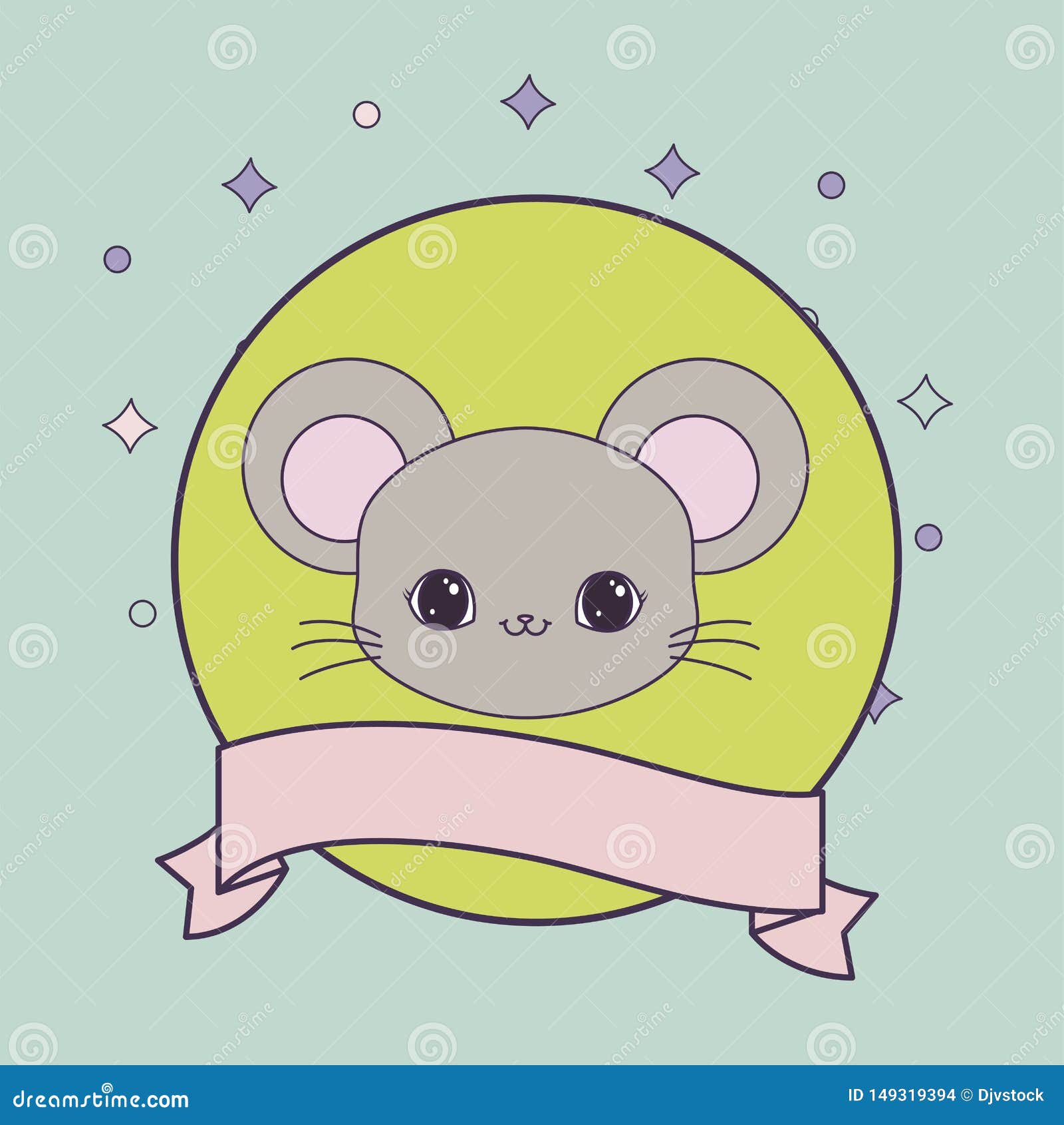 Head of Cute Mouse in Frame Circular with Ribbon Stock Illustration ...