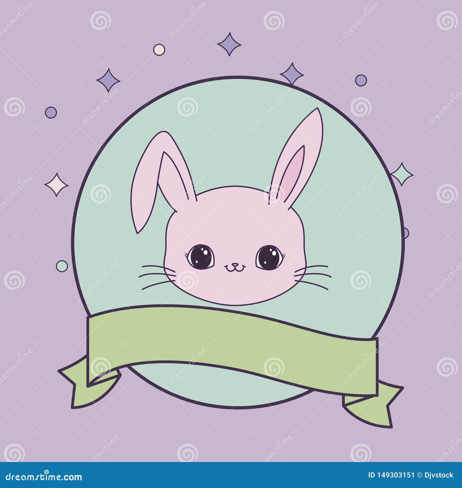 Head of Cute Rabbit with Ribbon in Frame Circular Stock Illustration ...