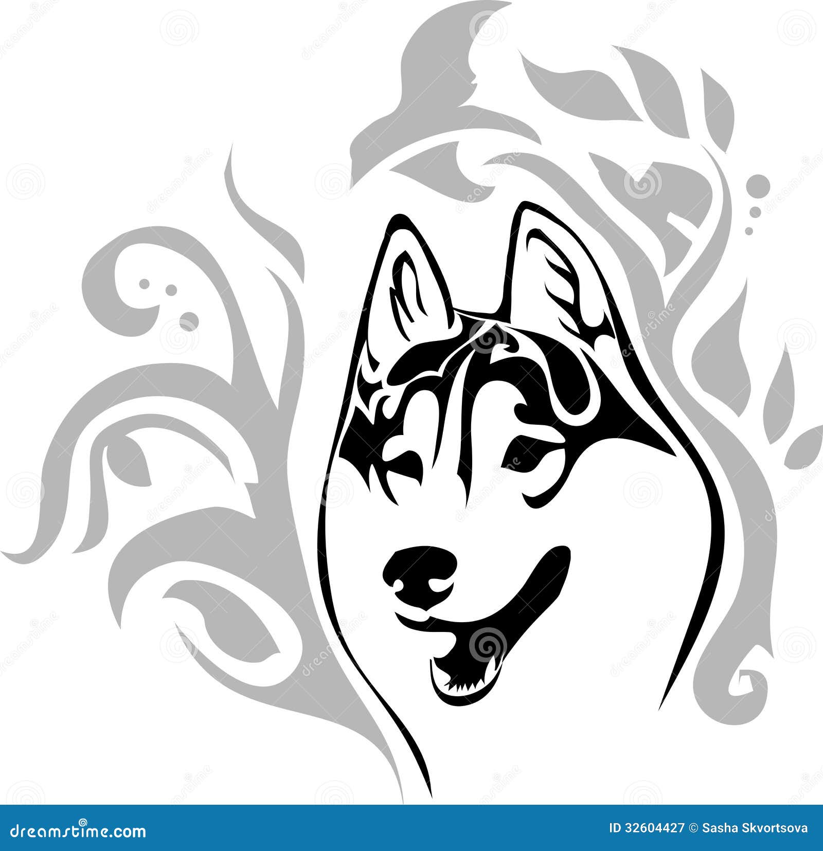 Siberian Husky Collection Standing Side View And Head. Ink Black And ...