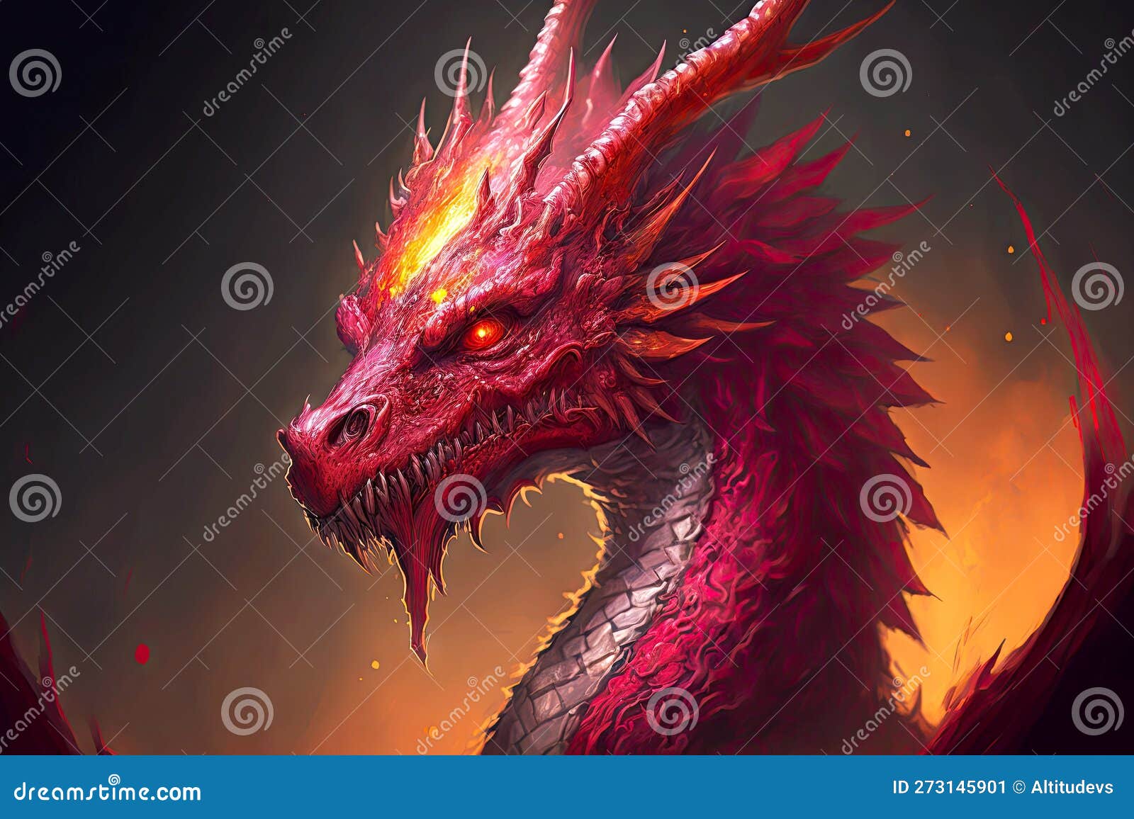 Head of Evil Red Dragons with Fiery Flashes in Background Stock Illustration - Illustration of ...