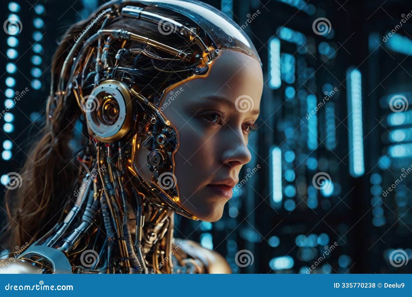 Head of a Female Humanoid Robot with Electronic Circuits and Human Face ...