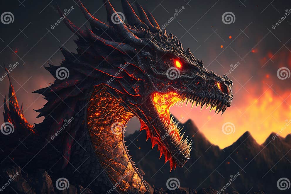 The Head of a Fire Dragon with an Open Mouth with Flames Stock ...