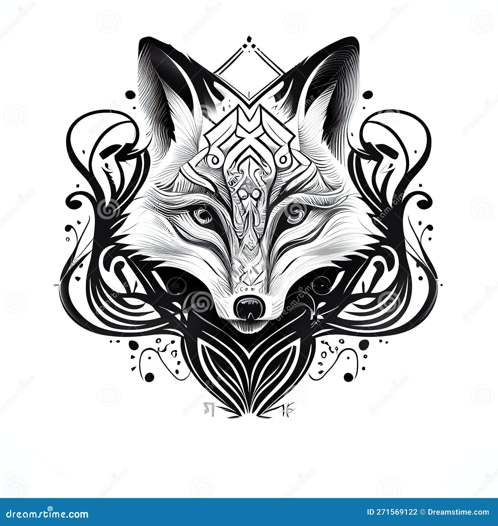 Head of Fox, Black and White Design, AI Generative Stock Illustration ...