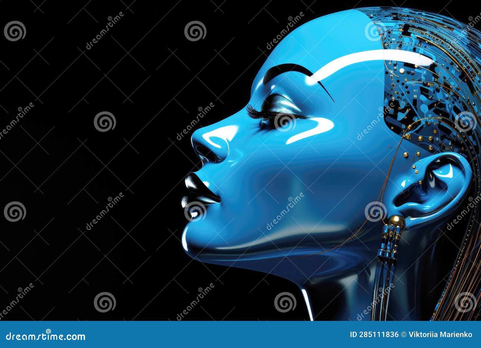 Head of a Futuristic Android Woman on a Black Background Stock ...