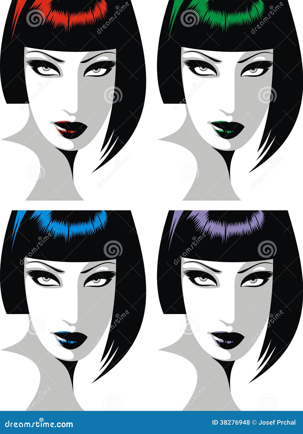 Head of Girl in Different Colors Stock Vector - Illustration of black ...