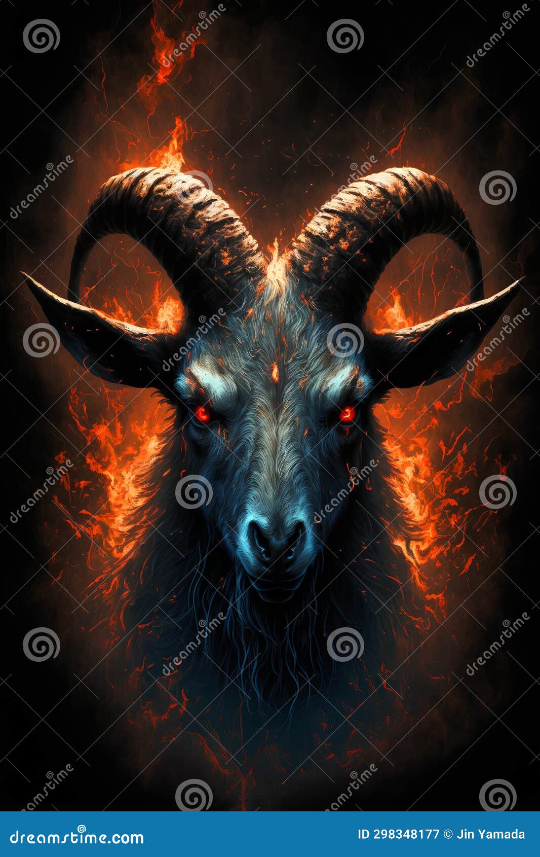 Head of a Goat with Horns and Fire on a Black Background. Stock ...