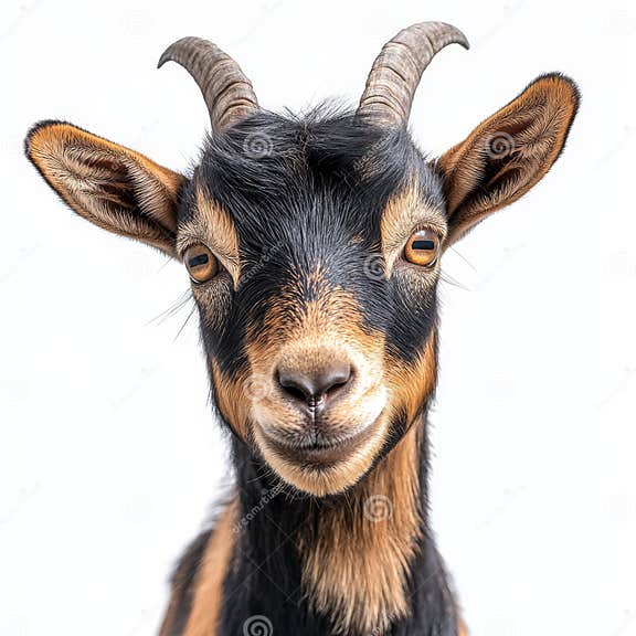 The Head of a Goat is Positioned Close Up, Facing Forward, Isolated on ...