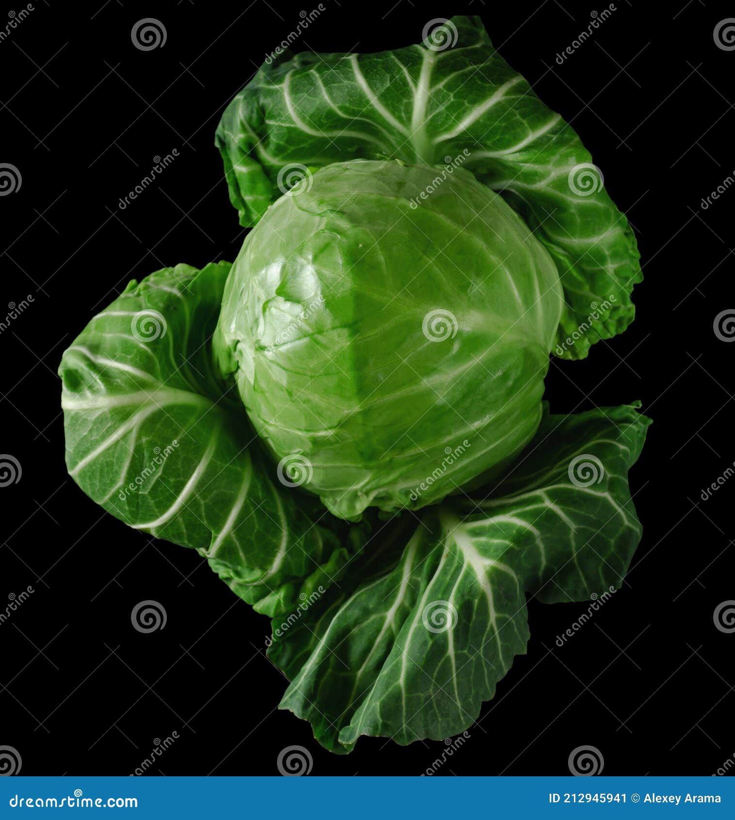Head of Green Young Fresh Cabbage with Loose Leaves, on Black ...
