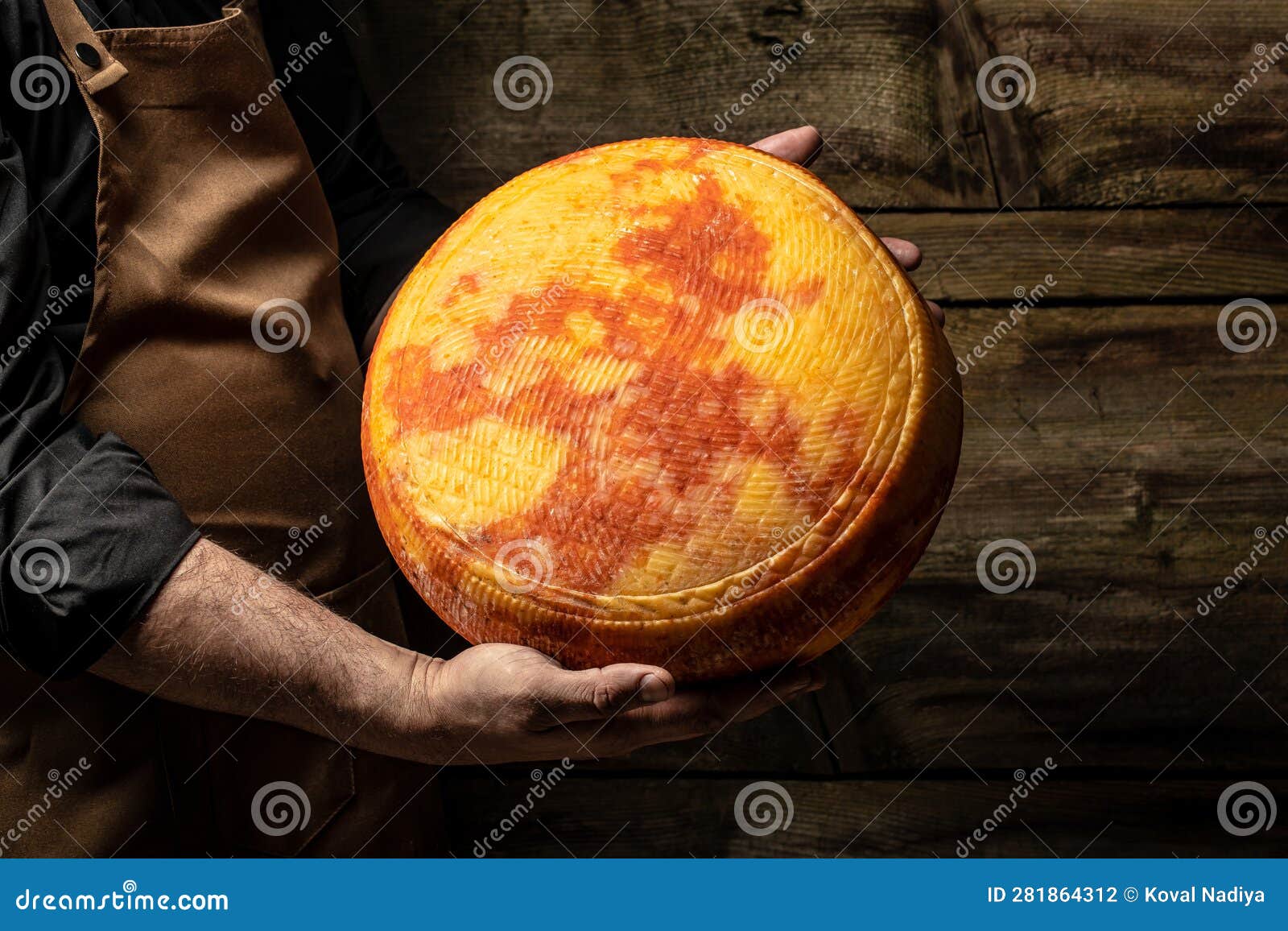 A Head of Hard Cheese in Man& X27;s Cheesemaker Hands. Marble Cheese ...