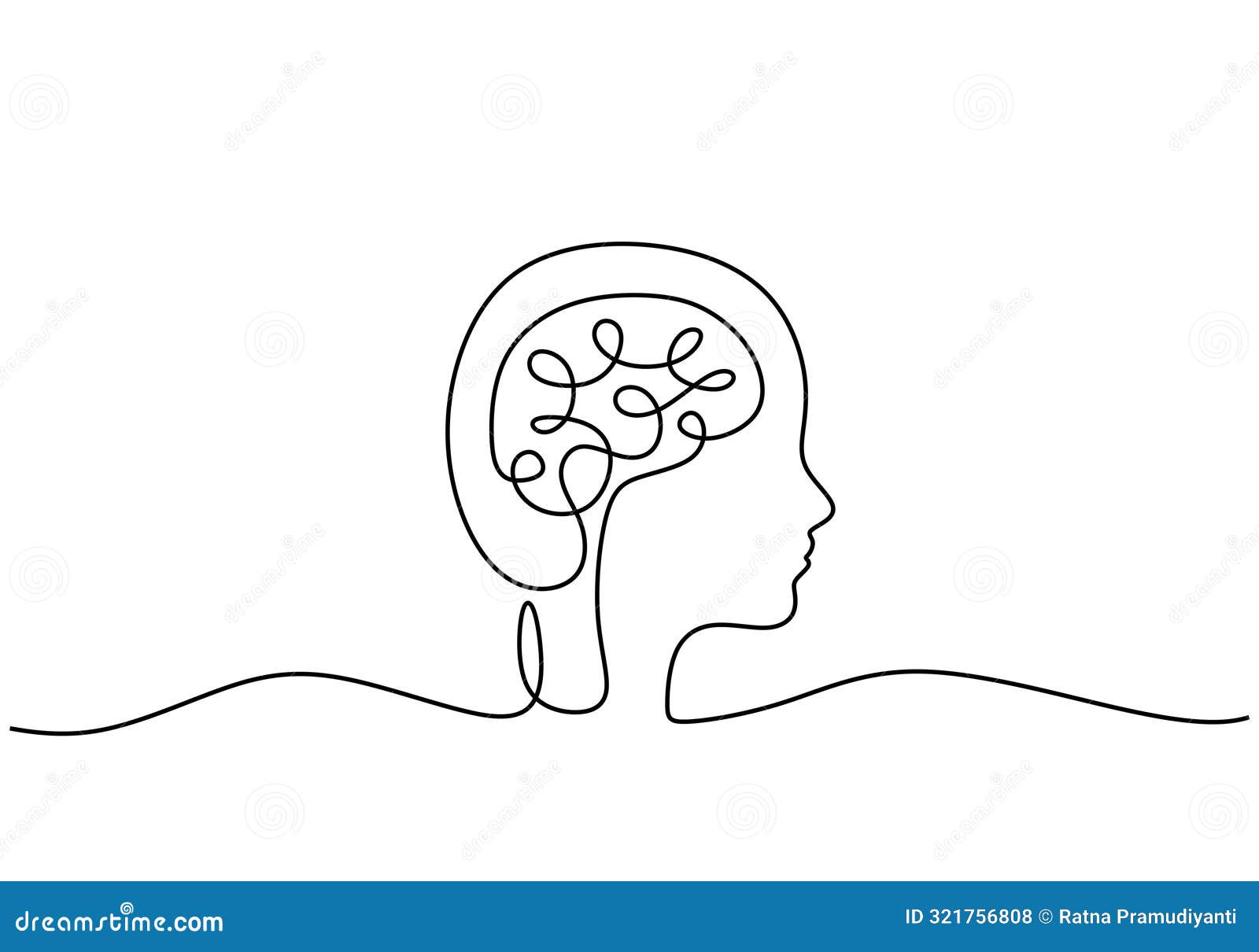 Head with Human Brain. Continuous One Line Art Drawing Stock Vector ...