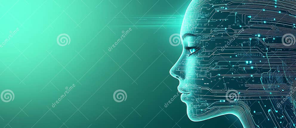 The Head of a Human with a Circuit Board of Digital Binary Digits on a ...