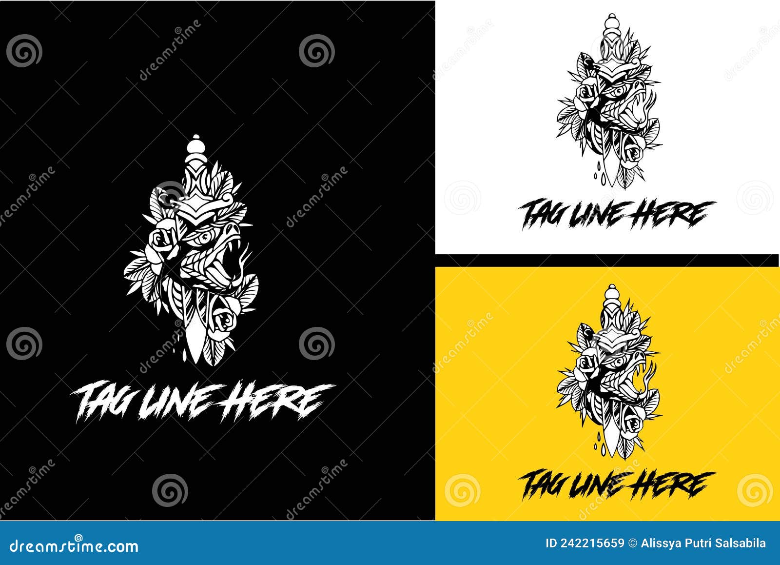 Head King Cobra with Rose Flowers Vector Black and White Stock Vector ...