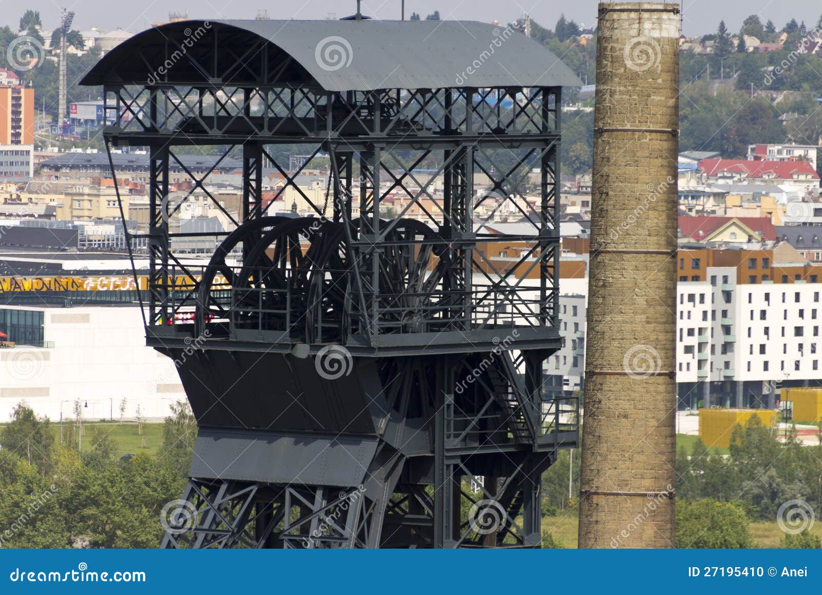 Head of the Mining Tower and a Chimney with Ostrava Center in the ...
