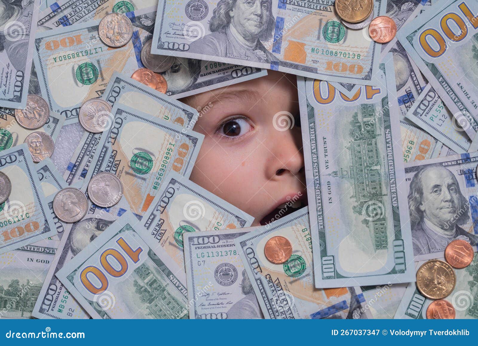 Head in Money. Fun Kid Face on Dollars Money. Stock Image - Image of ...