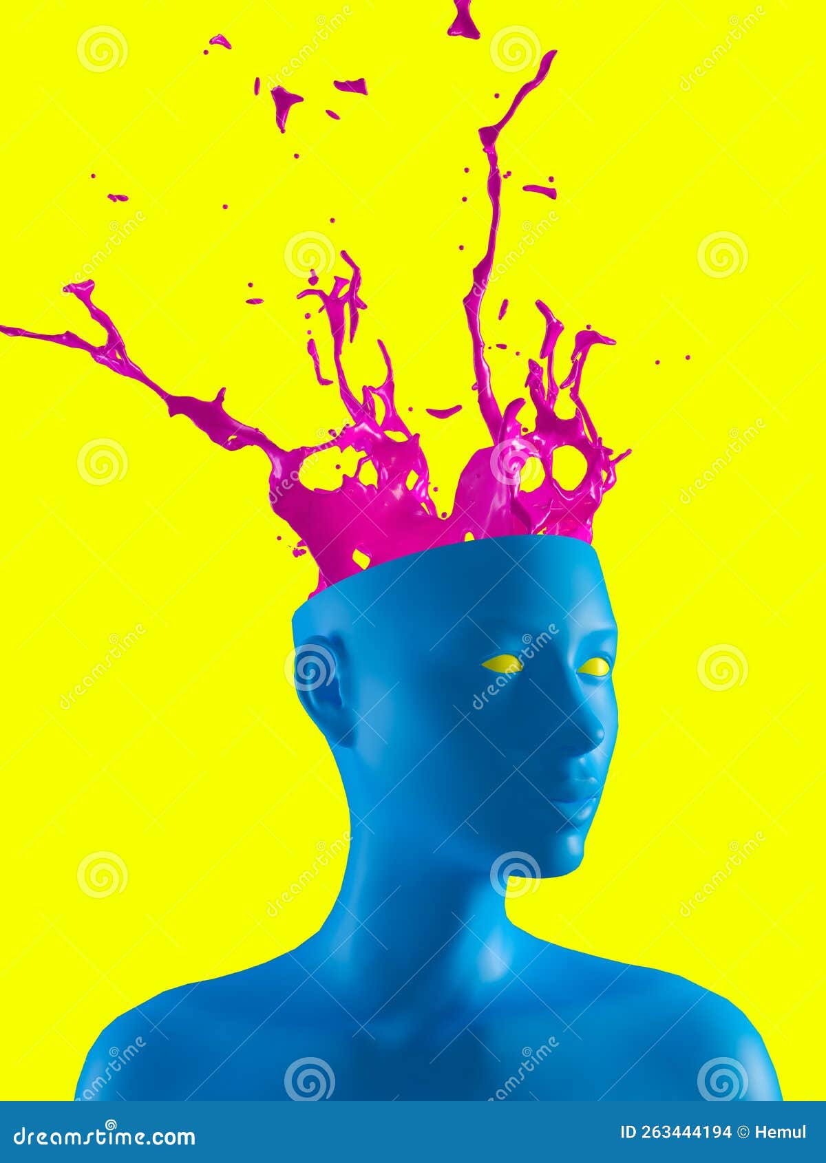 Head with Neon Pink Splash and Splatter White Background. 3D Rendering ...