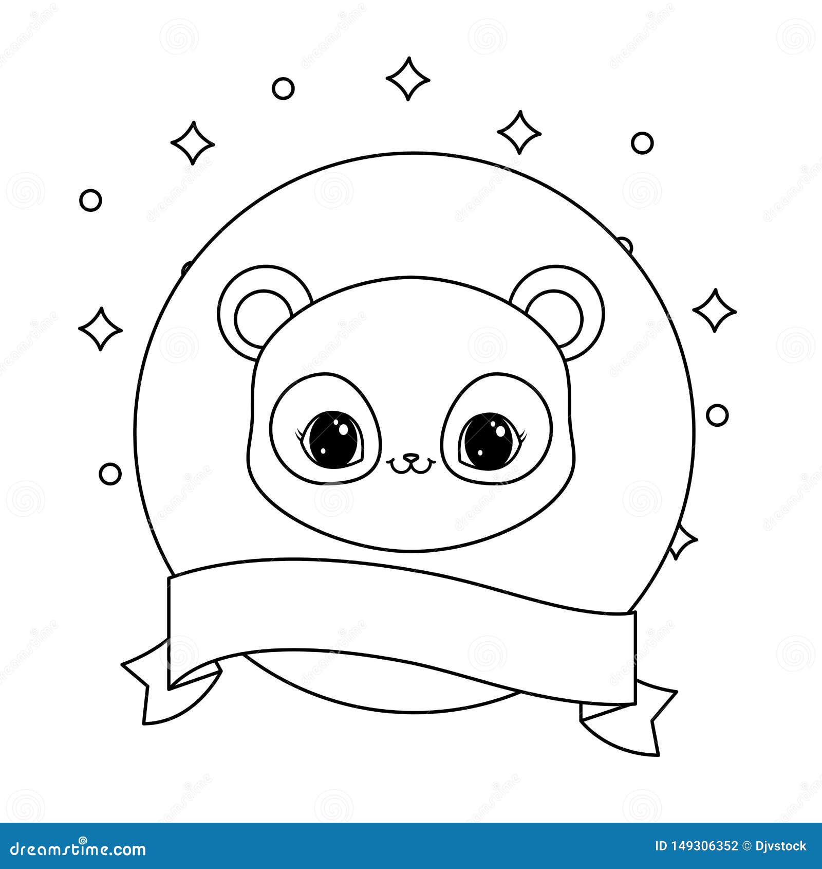 Head of Panda Bear in Frame Circular with Ribbon Stock Illustration ...