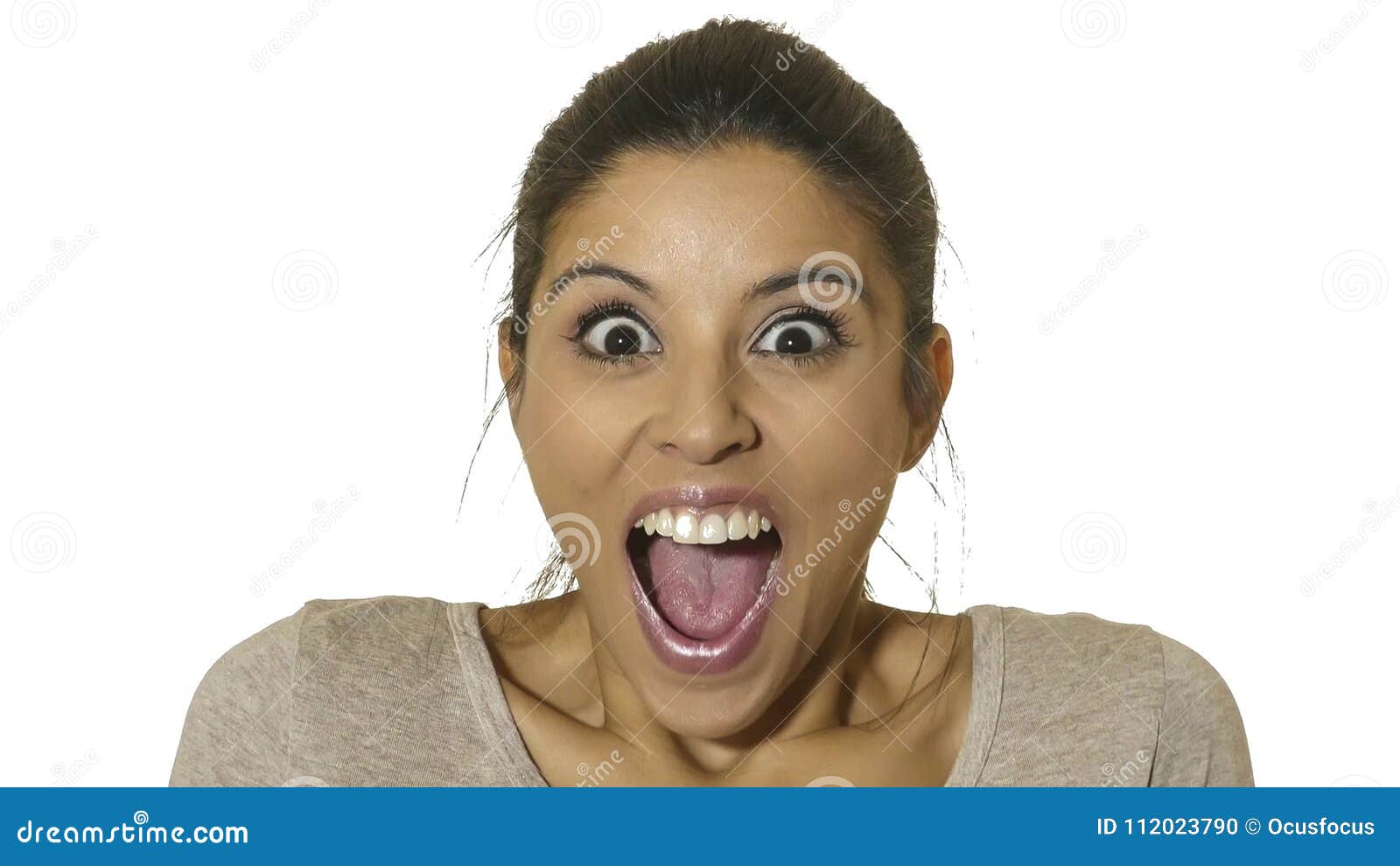 Head Portrait Of Young Happy And Excited Hispanic Woman 30s In Surprise ... Head Portrait Of Young Happy And Excited Hispanic Woman 30s In Surprise ...