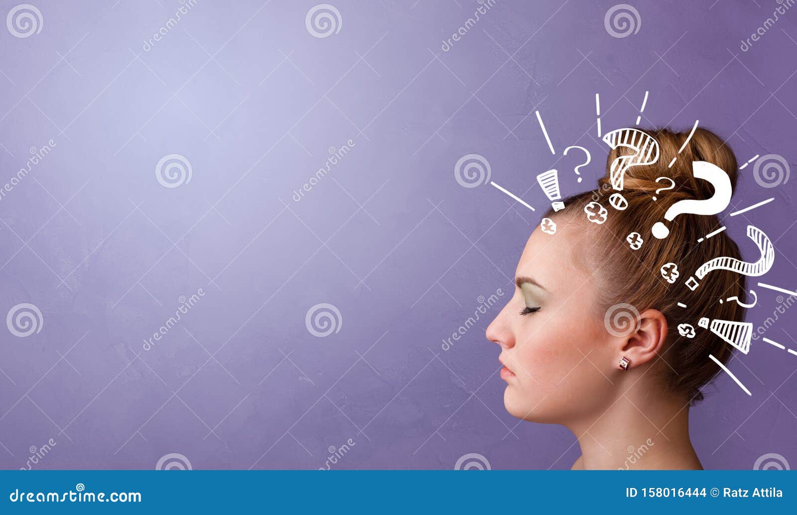 Head with question signs stock photo. Image of bright - 158016444