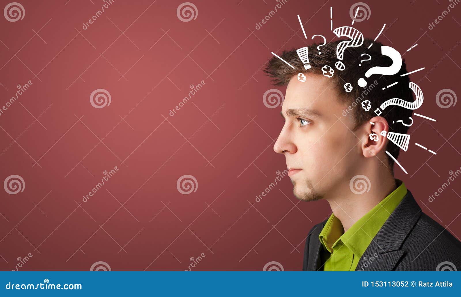 Head with question signs stock photo. Image of head - 153113052