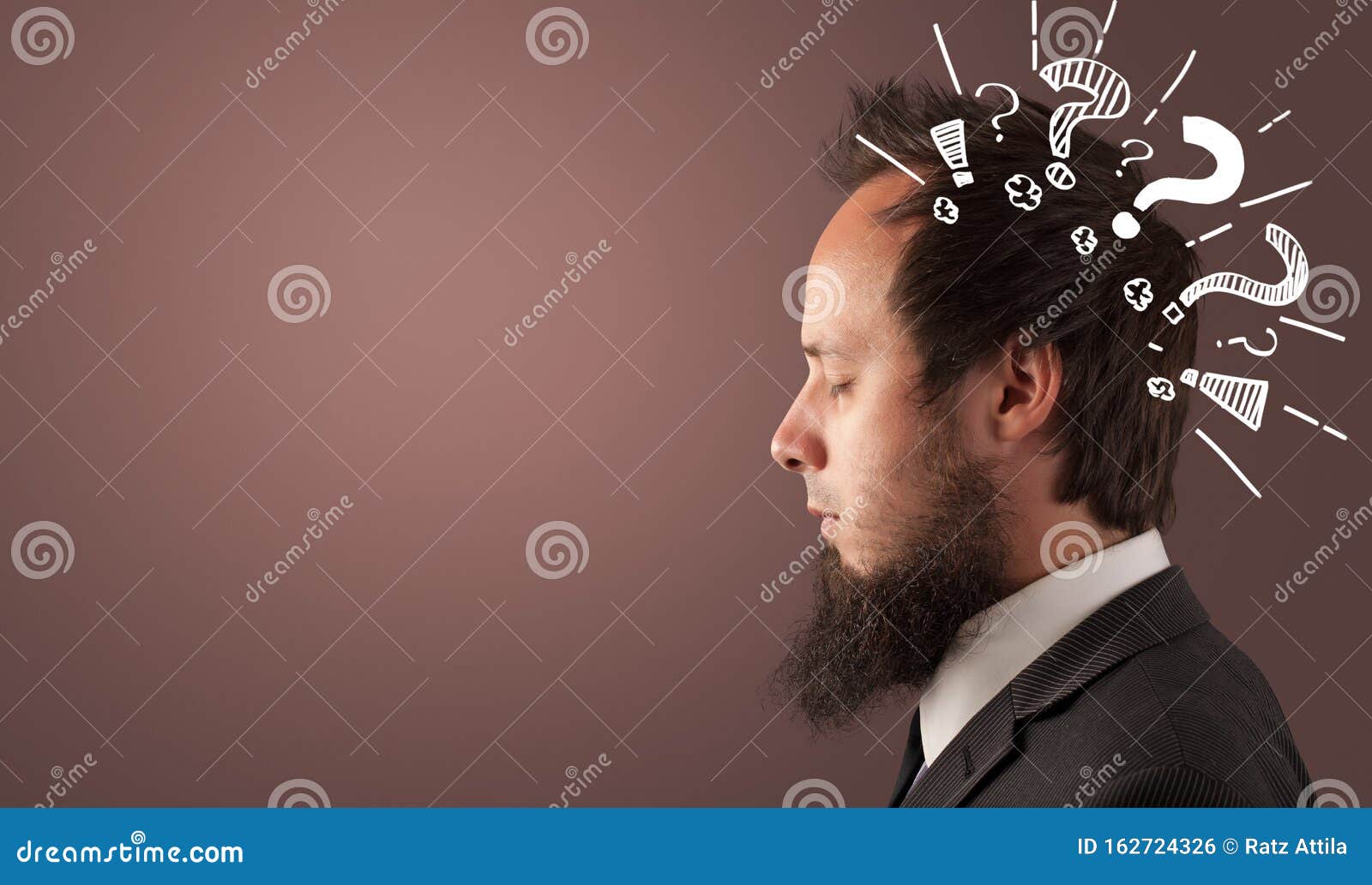 Head with question signs stock photo. Image of graphic - 162724326